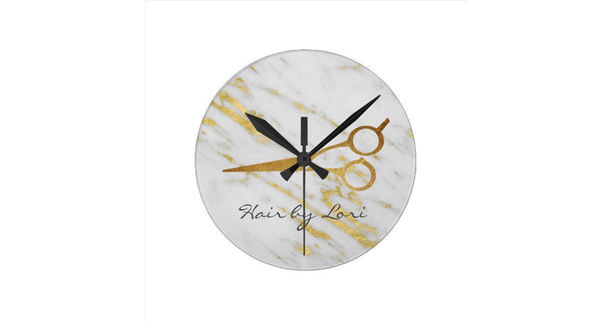 Hair Stylist Gold Marble Scissors Personalized Round Clock | Zazzle.com