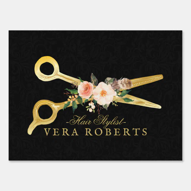 Hair Stylist Gold Scissors Luxury black Damask Sign | Zazzle
