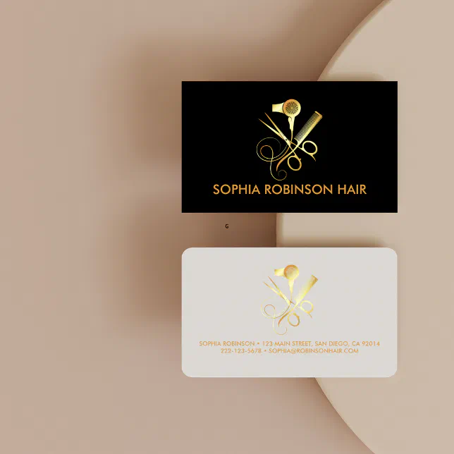 Hair Stylist Gold Script Scissors Comb Dryer Business Card | Zazzle