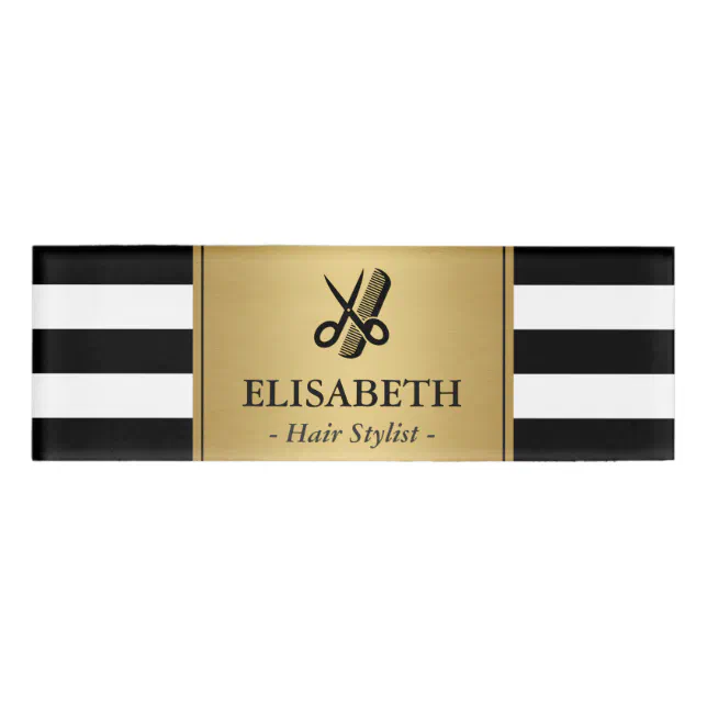 Hair Stylist Logo Classy Gold Black White Stripes Name Tag | Zazzle