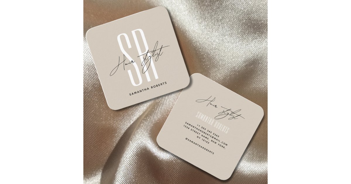 Hair stylist modern beige monogram initials square business card | Zazzle