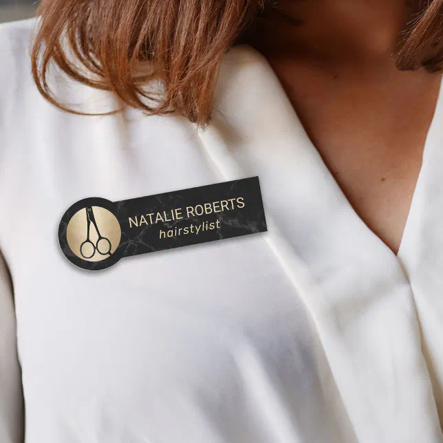 Hair Stylist Modern Black Marble Beauty Salon Name Tag | Zazzle