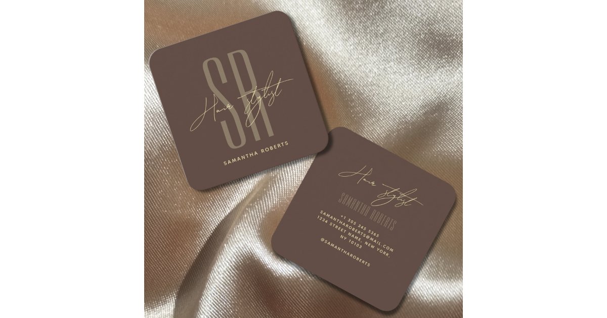 Hair stylist modern brown monogram initials square business card | Zazzle