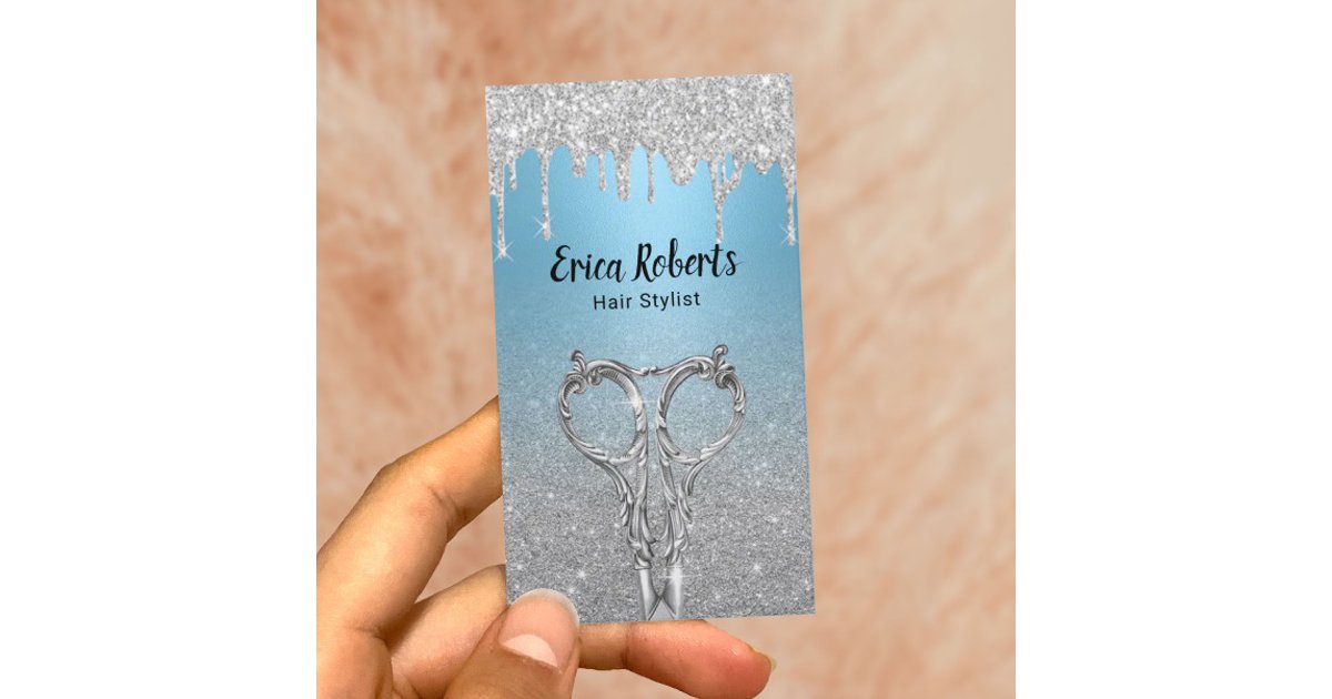 Hair Stylist Modern Drips Silver Glitter Baby Blue Business Card | Zazzle