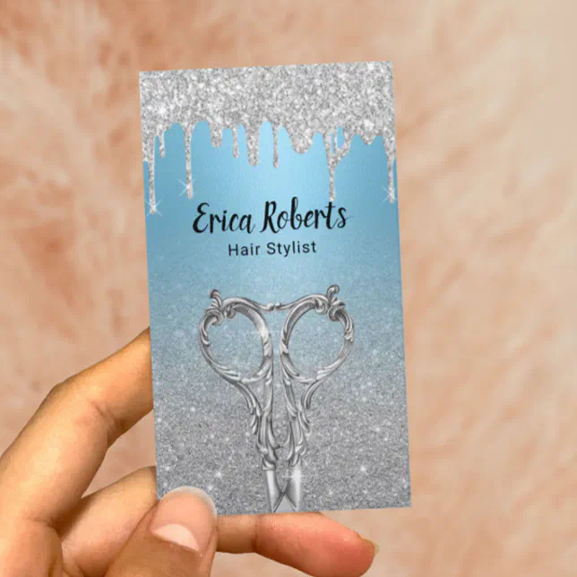 Hair Stylist Modern Drips Silver Glitter Baby Blue Business Card | Zazzle