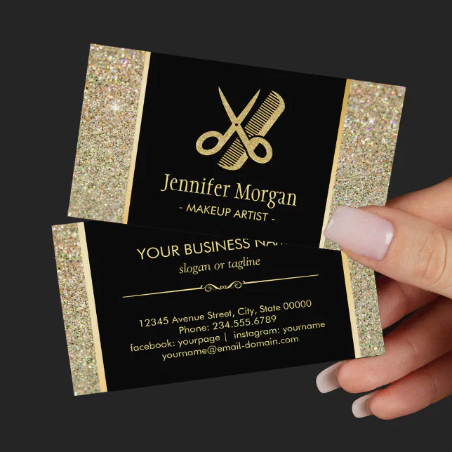 Hair Stylist Modern Gold Glitter Scissors Comb Business Card | Zazzle
