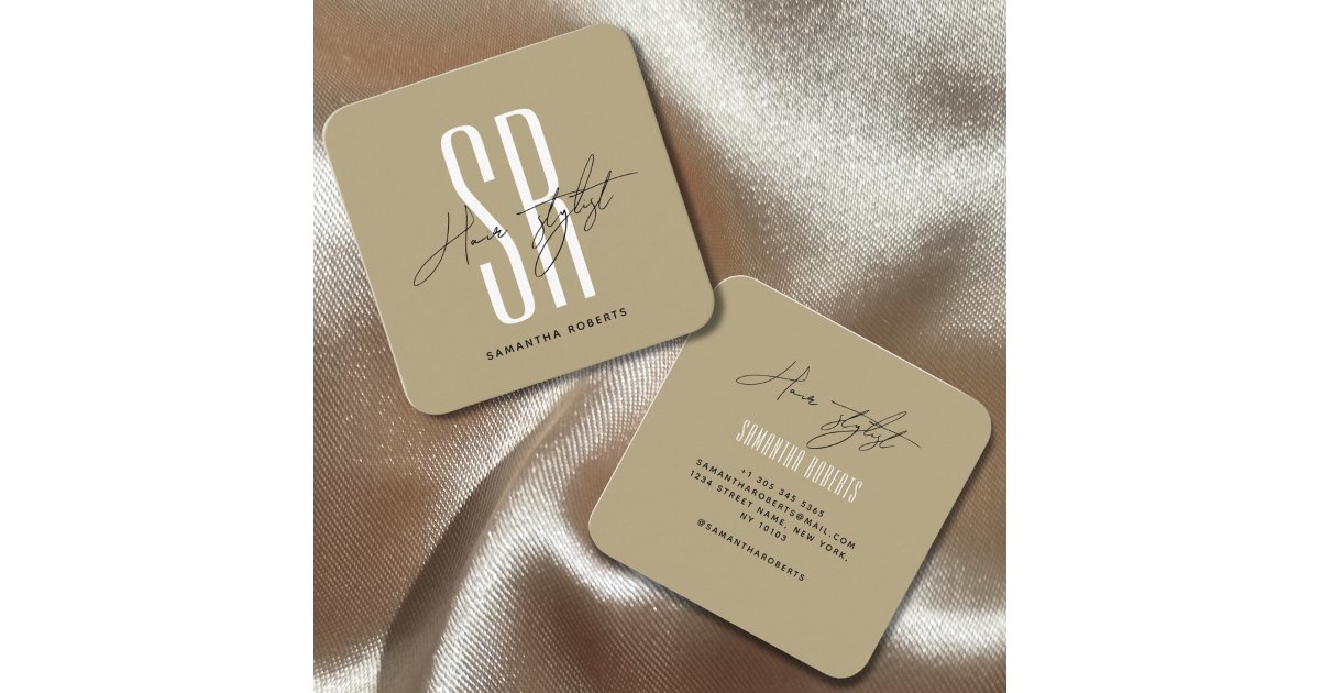 Hair stylist modern gold monogram initials square square business card ...