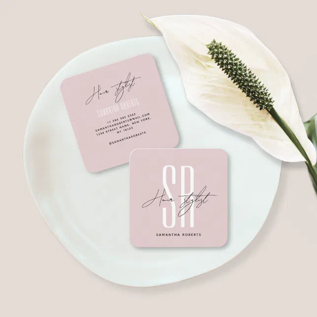Hair stylist modern pink monogram initials square business card | Zazzle