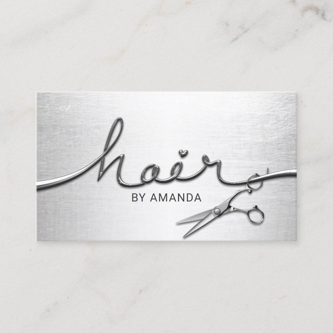 Hair Stylist Modern Silver 3D Script Salon Business Card | Zazzle
