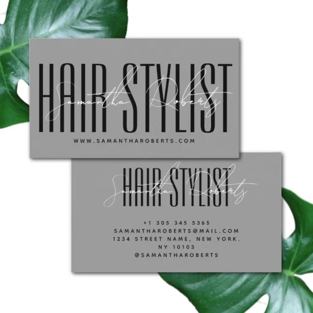 Hair stylist modern typography script gray business card | Zazzle