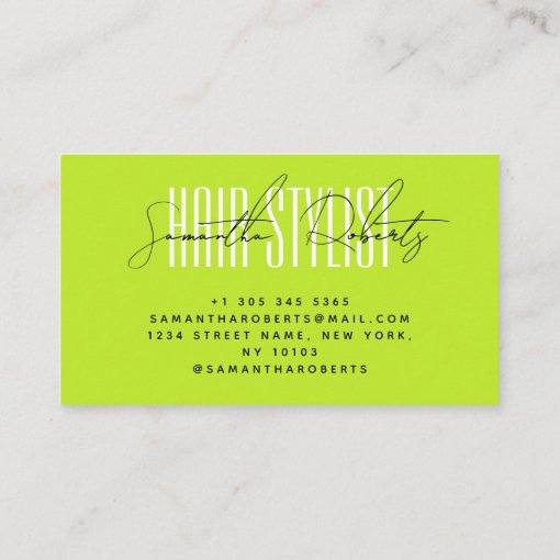 Hair stylist modern typography script neon green business card | Zazzle