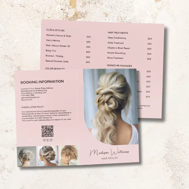 Hair Stylist Price List Services Pink Bi-Fold Brochure | Zazzle