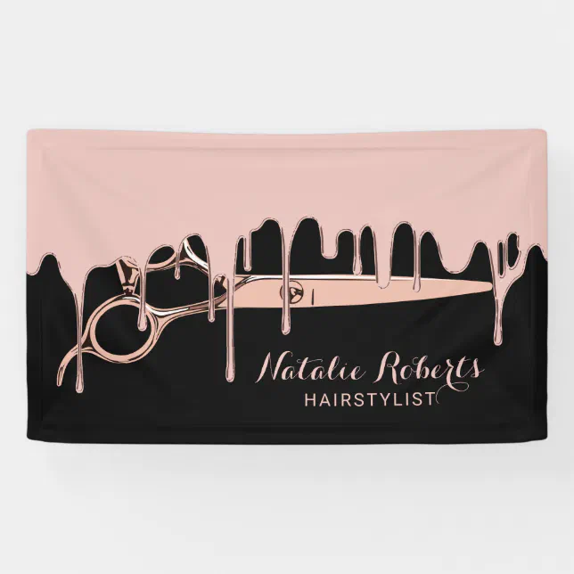 Hair Stylist Rose Gold Drips Scissor Beauty Salon Banner | Zazzle