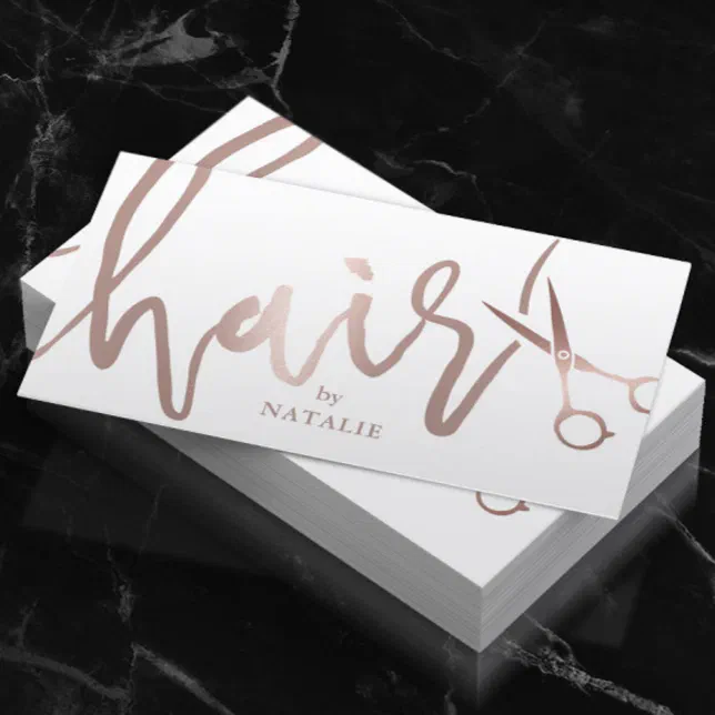 Hair Stylist Rose Gold Handwritten Script Salon Business Card | Zazzle