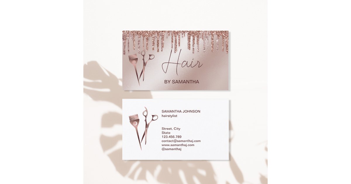 Hair stylist rose gold typography hair scissors business card | Zazzle