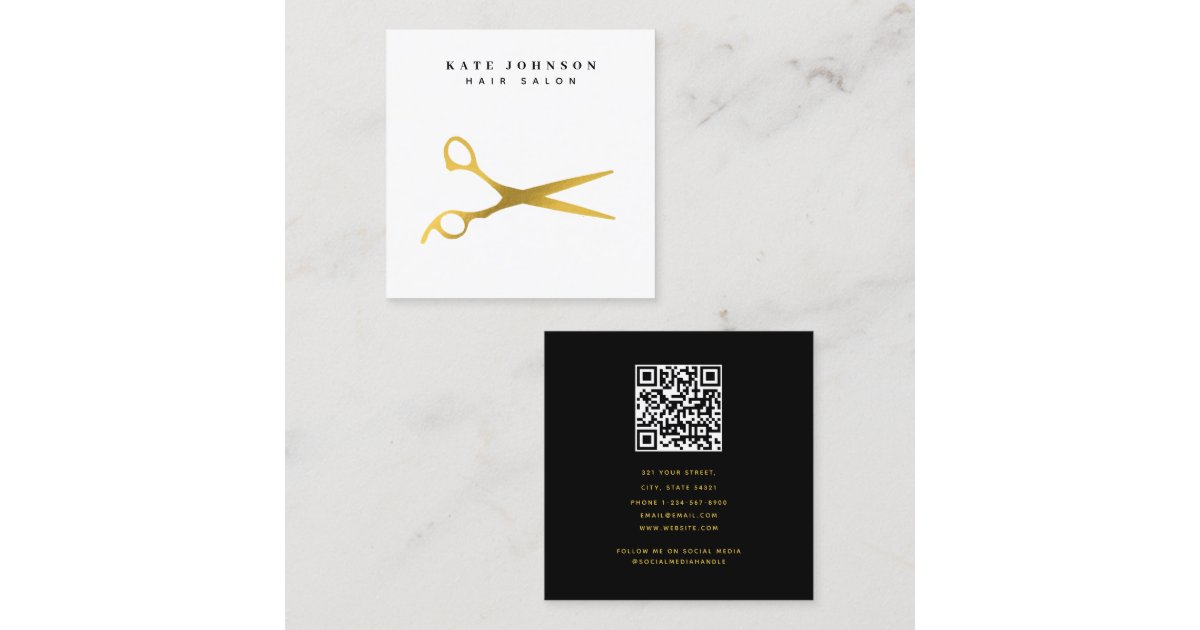 Hair Stylist Scissors Barber QR Code Black & Gold Square Business Card ...