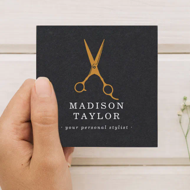Hair Stylist Scissors Chic Drawing Gold & Black Square Business Card ...