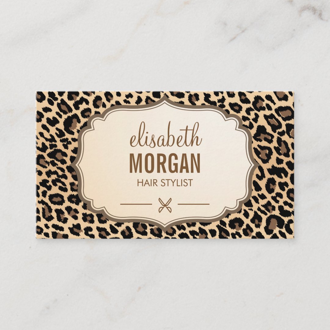 Hair Stylist Scissors Elegant Cream Leopard Print Business Card | Zazzle
