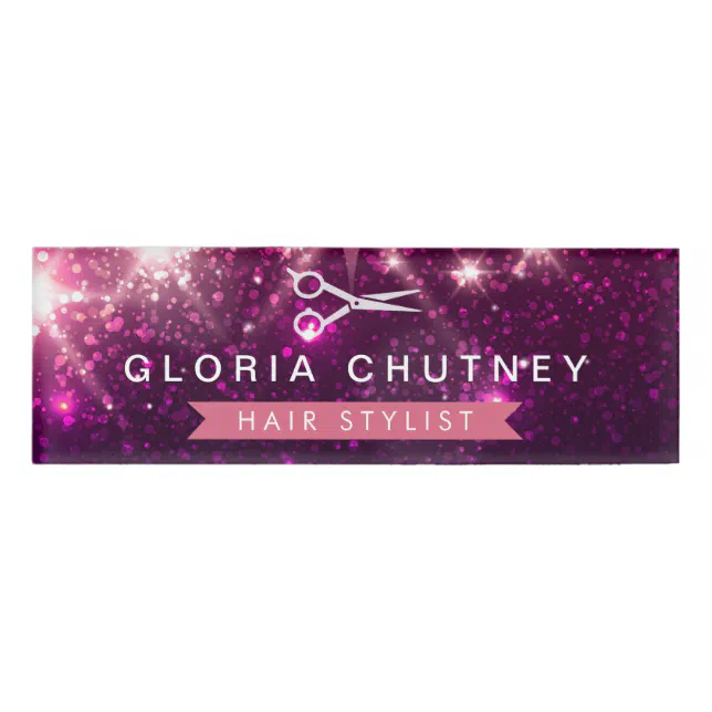 Hair Stylist Scissors Pink Purple Glitter Name Tag | Zazzle