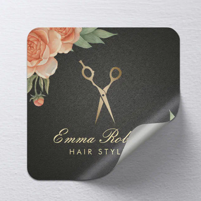 Hair Stylist Vintage Floral Elegant Black & Gold Square Sticker | Zazzle