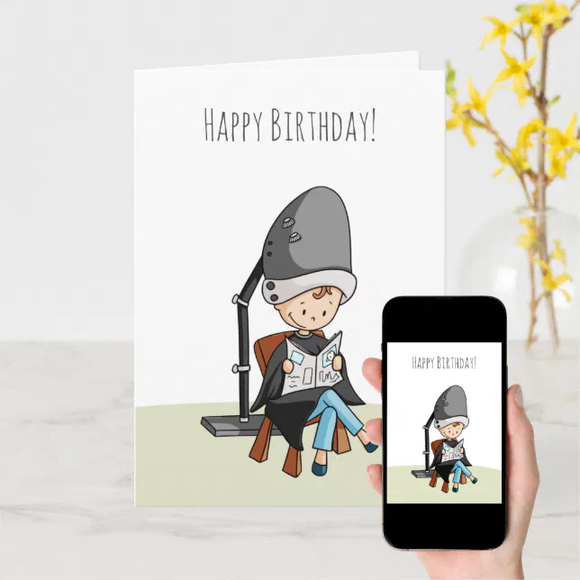 Hairdresser Girl in Hair Dryer Happy Birthday Card | Zazzle