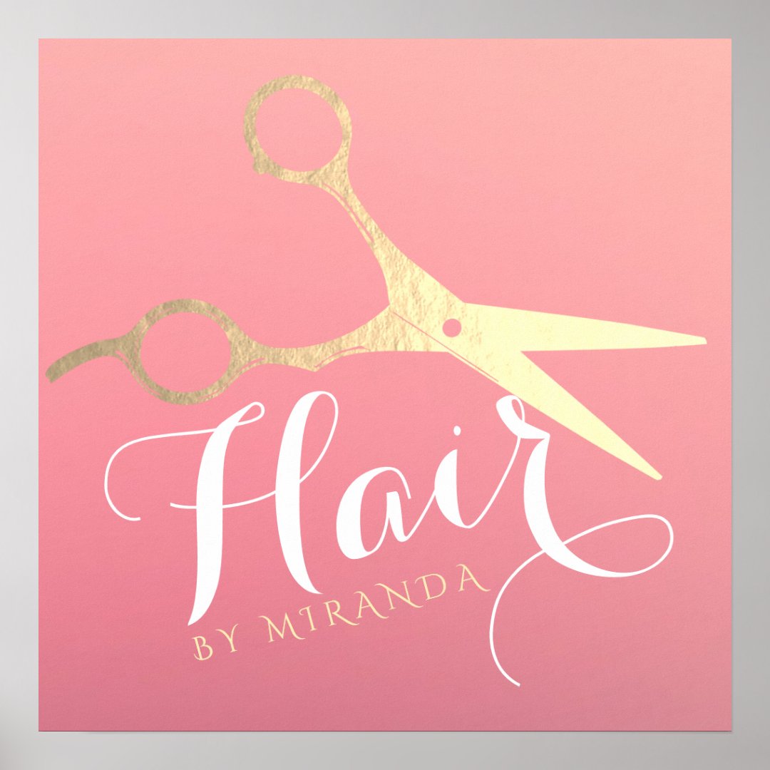 Hairstylist Makeup Salon Modern Pink Gold Scissors Poster | Zazzle