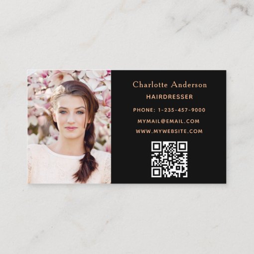 Hairstylist photo script beauty QR code Business Card | Zazzle
