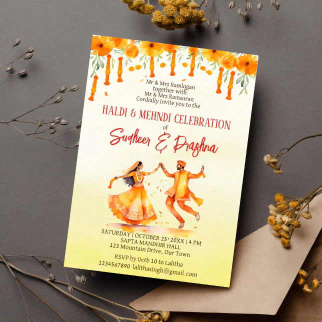 Haldi and Mehndi marigolds bells Indian wedding Invitation | Zazzle