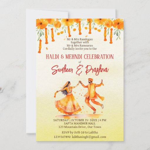Haldi and Mehndi marigolds bells Indian wedding Invitation | Zazzle