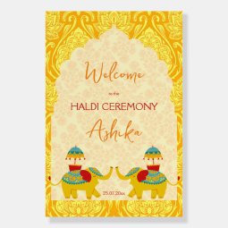 Haldi Indian wedding elephants yellow welcome sign | Zazzle