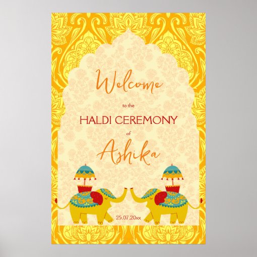 Haldi Indian wedding elephants yellow welcome sign | Zazzle
