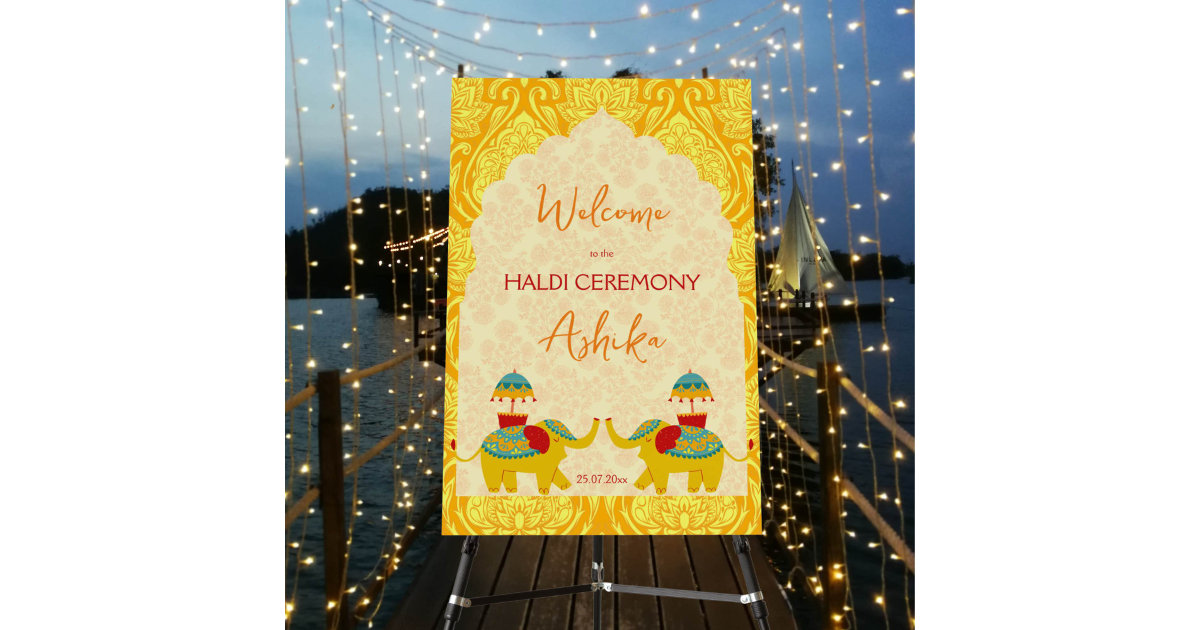 Haldi Indian wedding elephants yellow welcome sign | Zazzle