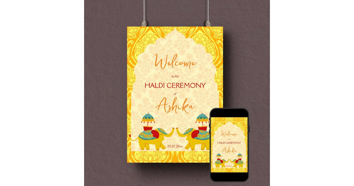 Haldi Indian wedding elephants yellow welcome sign | Zazzle