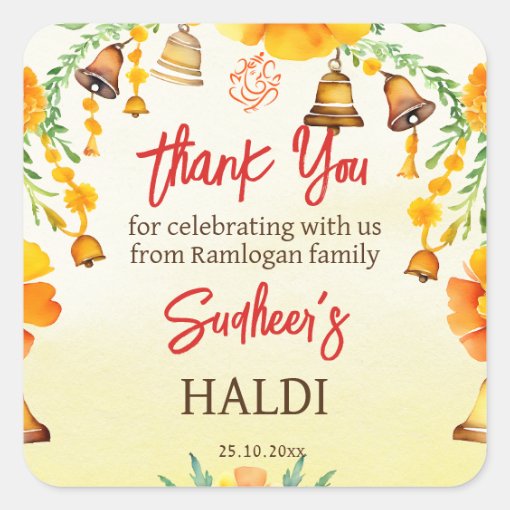 Haldi marigolds bells Indian wedding thank you Square Sticker | Zazzle