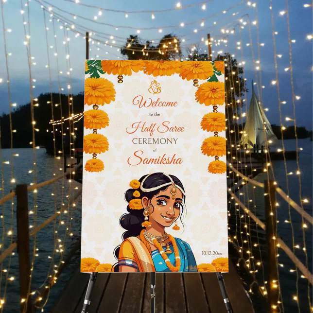 Half Saree ceremony cute Indian girl welcome sign | Zazzle