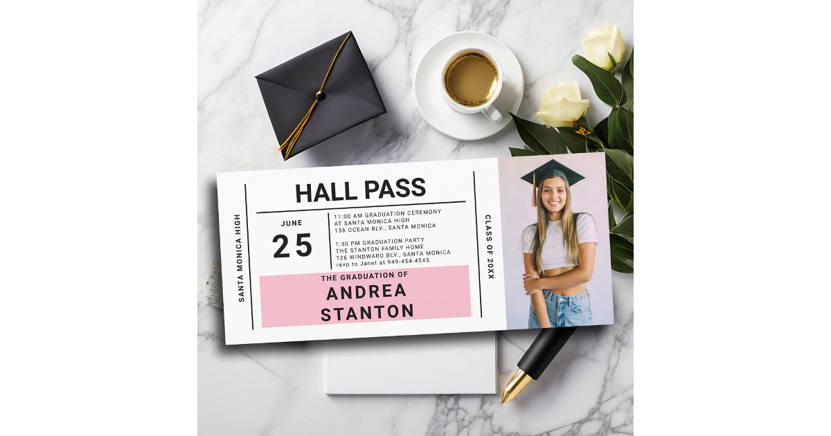 Hall Pass Grad Party Pink High School Invitation | Zazzle