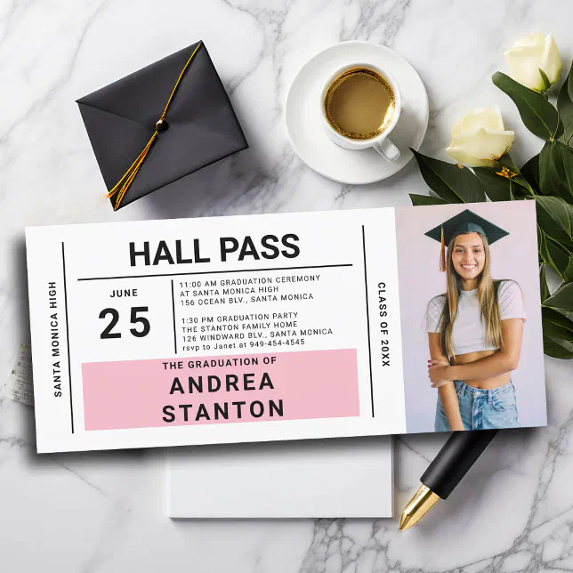 Hall Pass Grad Party Pink High School Invitation | Zazzle