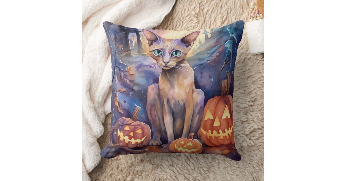 Halloween Abyssinian Cat With Pumpkins Scary Throw Pillow | Zazzle