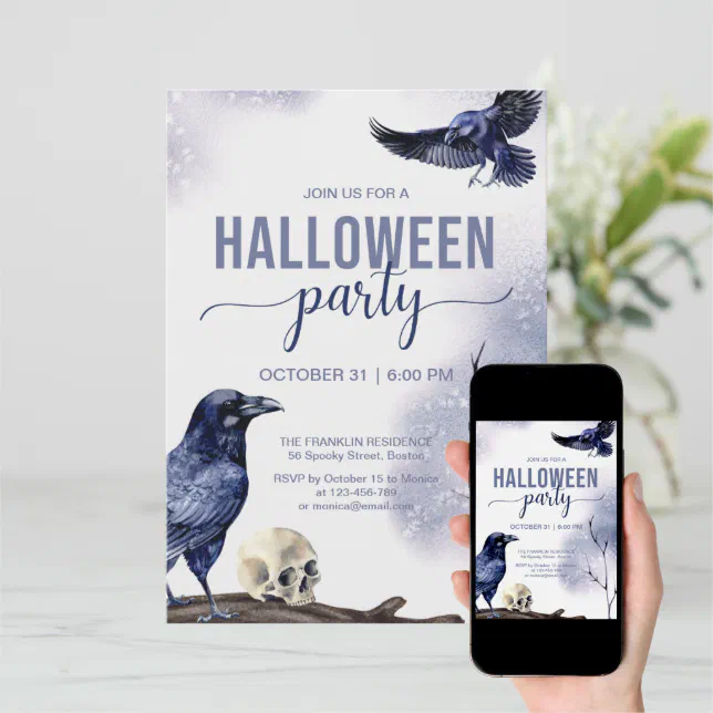 Halloween Adult Party Watercolor Gothic Raven Invitation | Zazzle