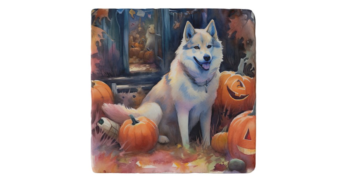 Halloween Alaskan Malamute With Pumpkins Scary Trivet | Zazzle