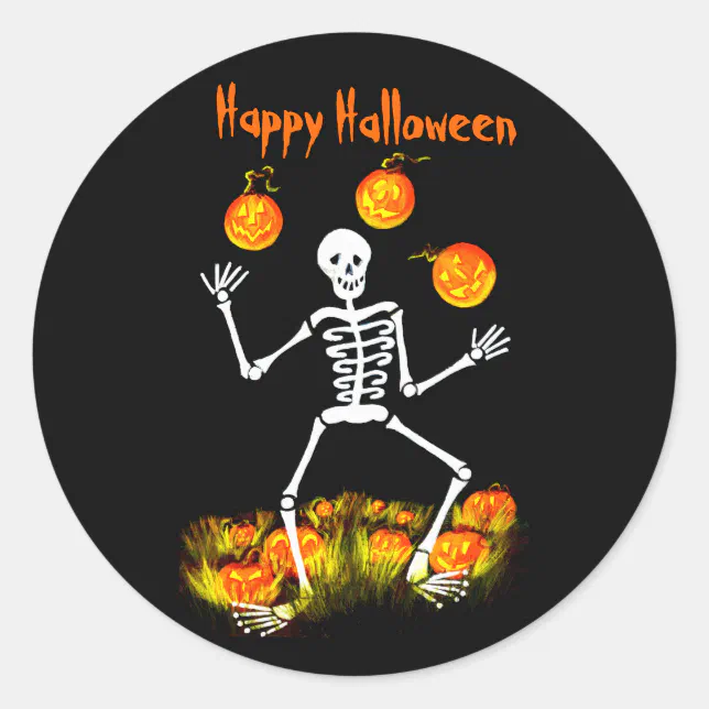 Halloween Art Stickers, skeleton,Jack-O-Lanterns Classic Round Sticker ...