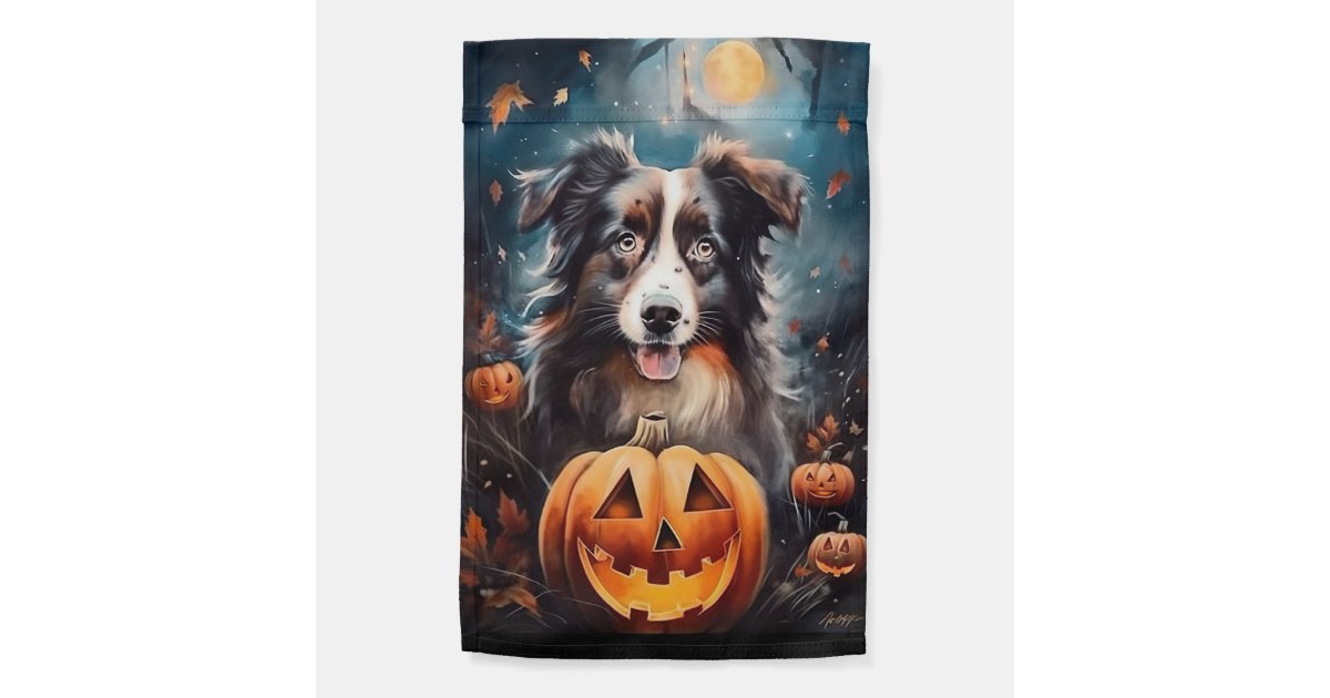 Halloween Australian Shepherd With Pumpkins Scary Garden Flag | Zazzle