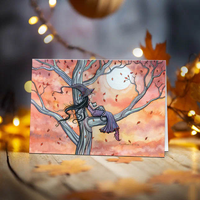 Halloween Autumn Witch Cat Card | Zazzle