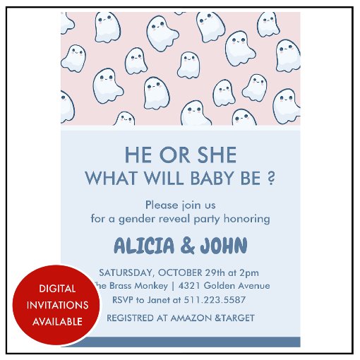 Halloween Baby gender reveal invitation Cute ghost | Zazzle