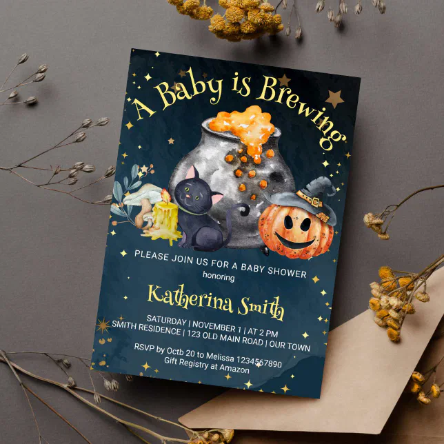 Halloween baby shower baby is brewing invitation | Zazzle