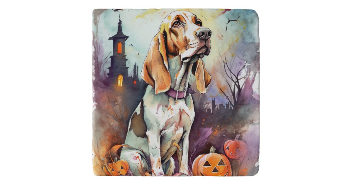 Halloween Basset Hound With Pumpkins Scary Trivet | Zazzle