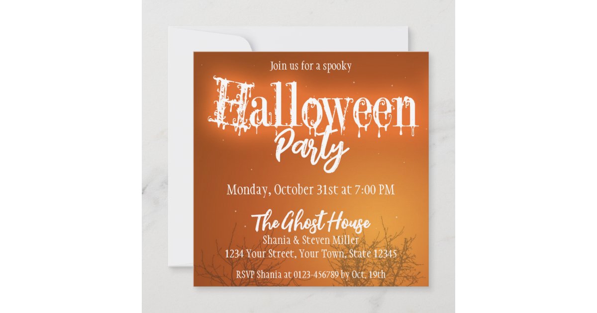 Halloween Bats Trees Orange Night Party Invitation | Zazzle