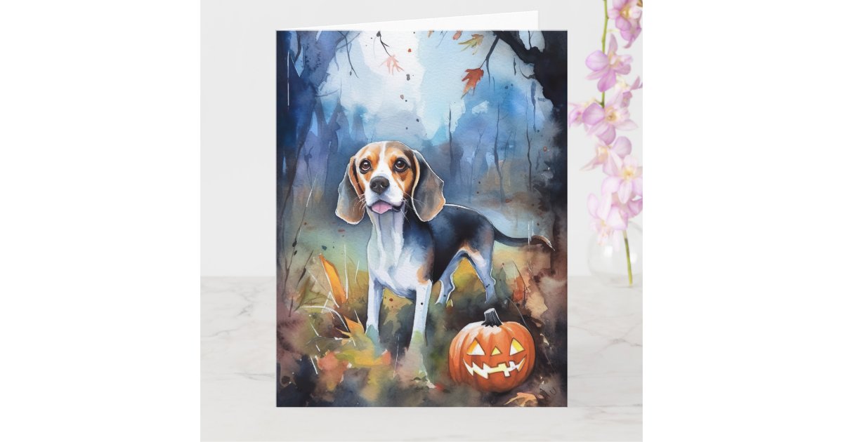 Halloween Beagle With Pumpkins Scary Card | Zazzle