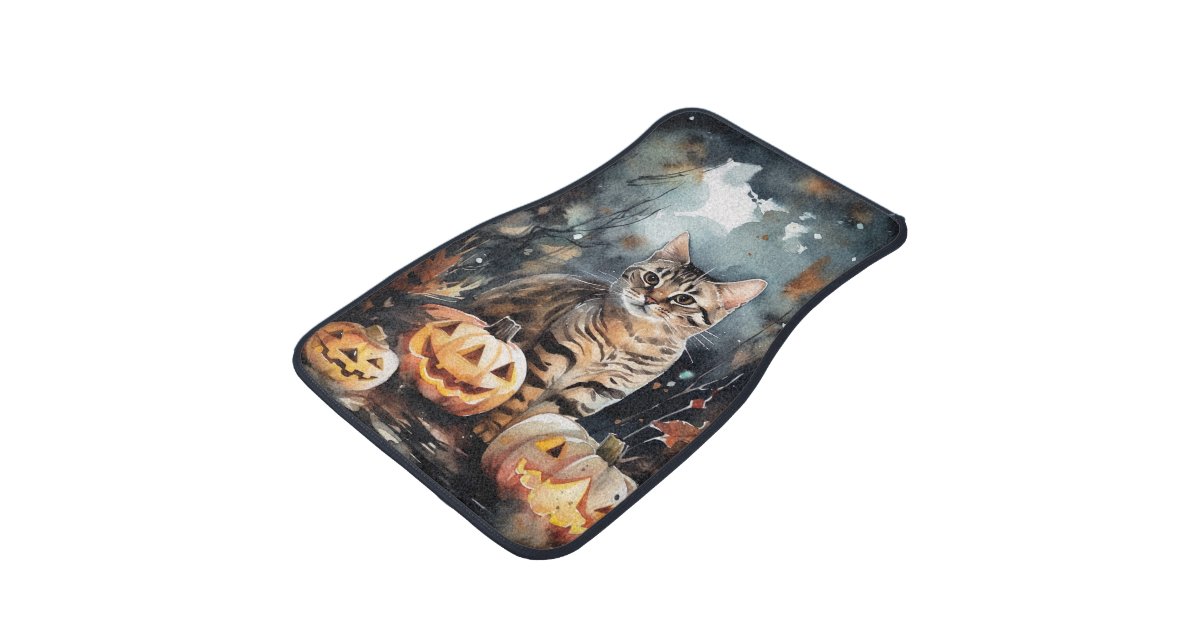 Halloween Bengal Cat With Pumpkins Scary Car Floor Mat | Zazzle