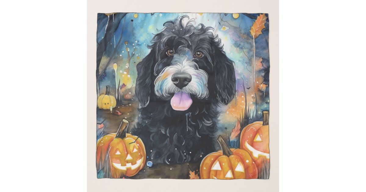 Halloween Bernedoodle With Pumpkins Scary Scarf | Zazzle